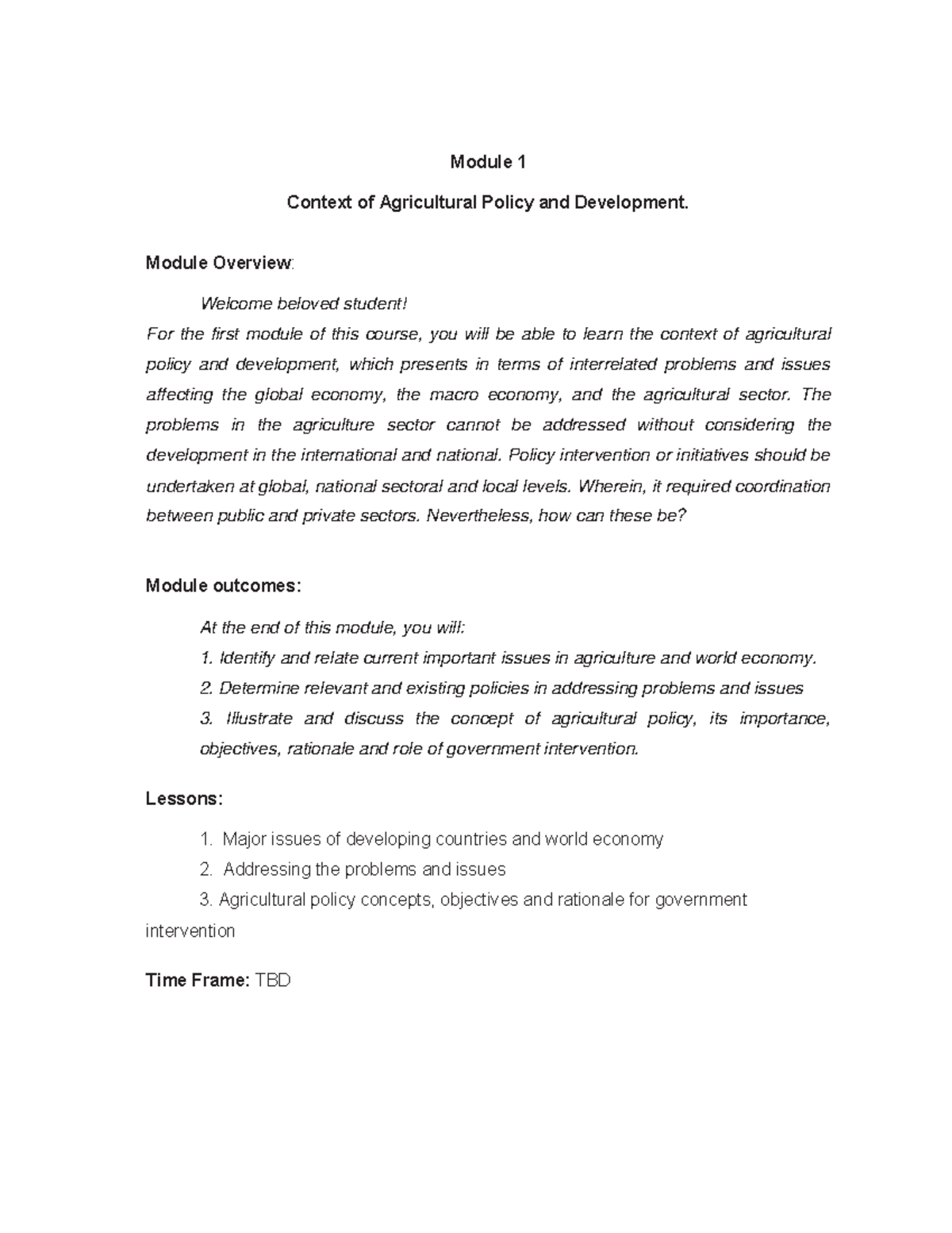 Coursepacks Entrep - Module 1 - Module 1 Context of Agricultural Policy ...