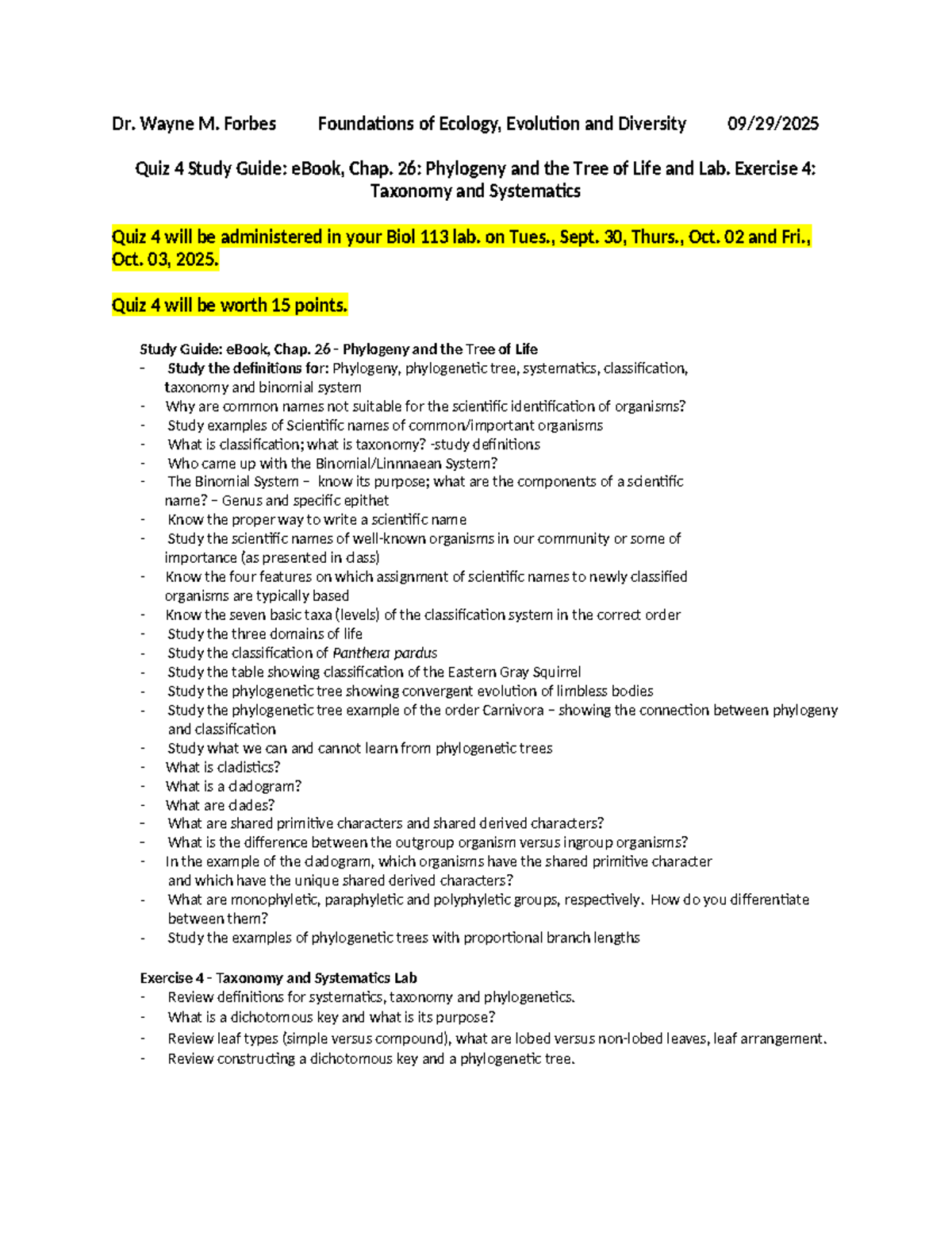 Quiz 4 Study Guide: Phylogeny & Taxonomy (Biol 113) - Studocu