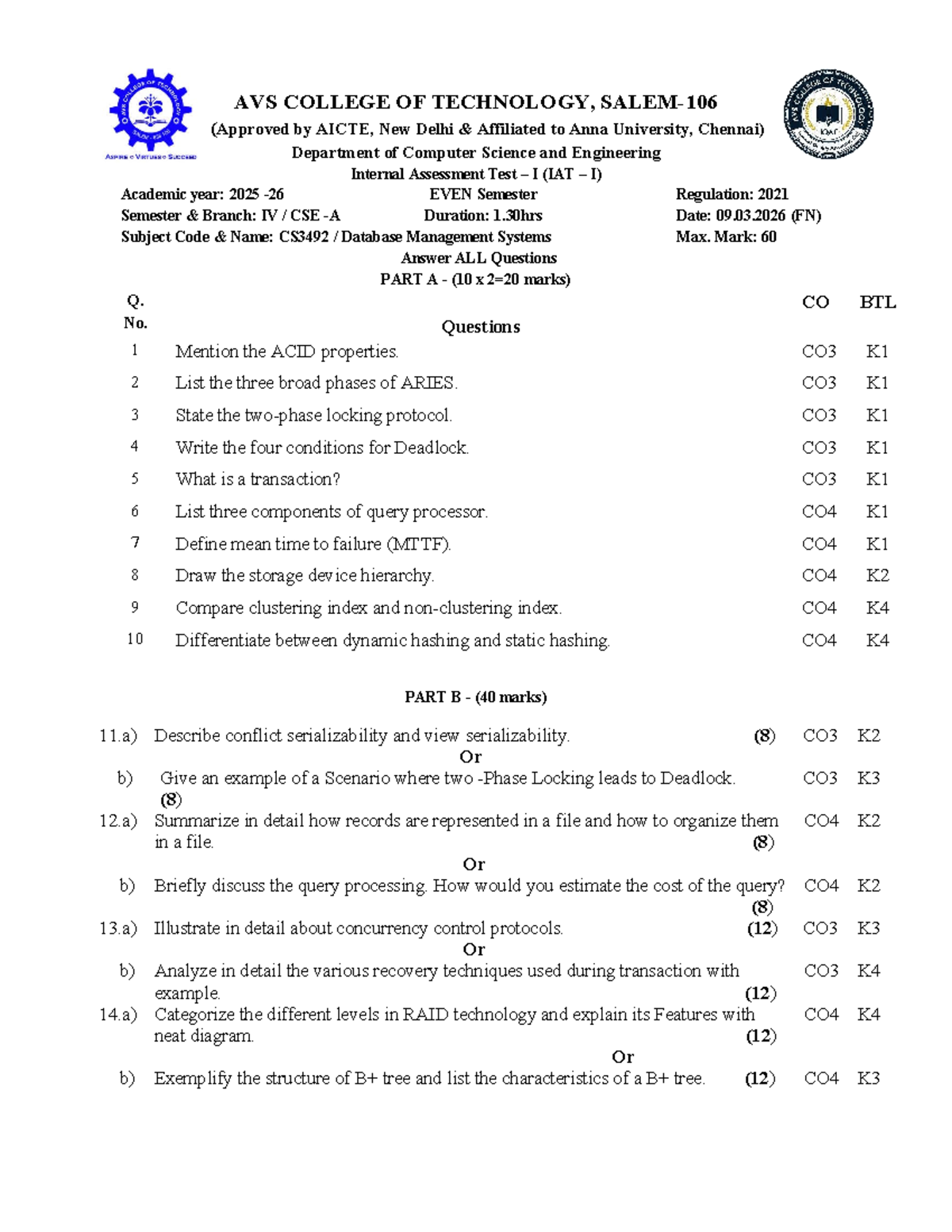 IAT I CS3492 Database Management Systems - Question Paper - Studocu