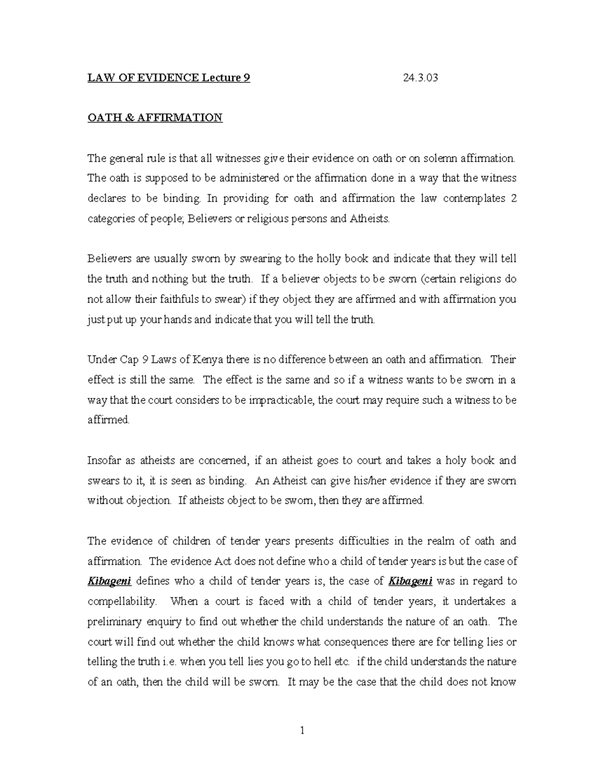 Evidence Examination OF Witnesses - LAW OF EVIDENCE Lecture 9 24. OATH ...