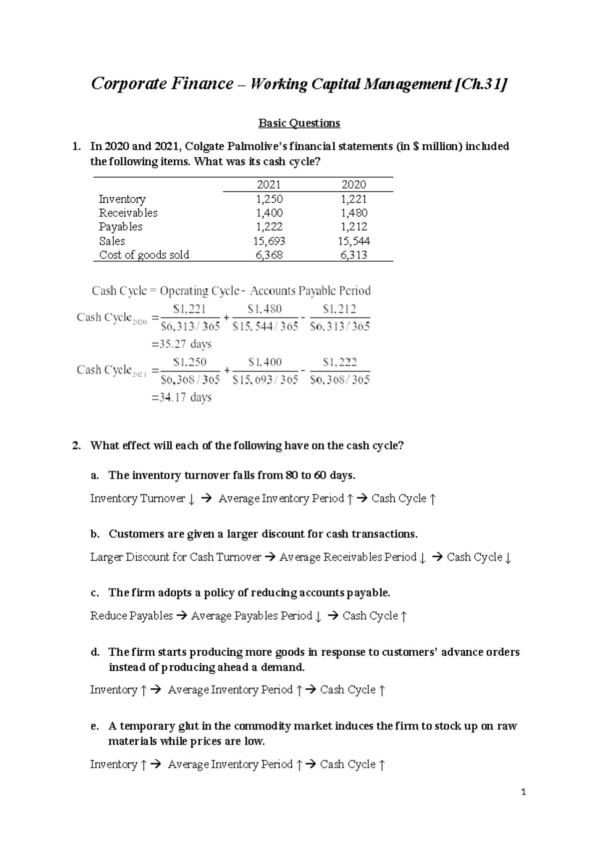 Corporate Finance (FIN 301) Tutorial: Working Capital Management ...