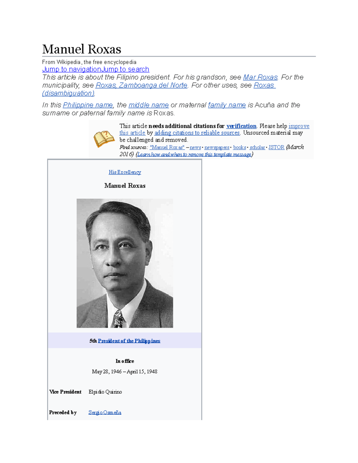 Manuel Roxas: 5th President of the Philippines (1946-1948) Overview ...