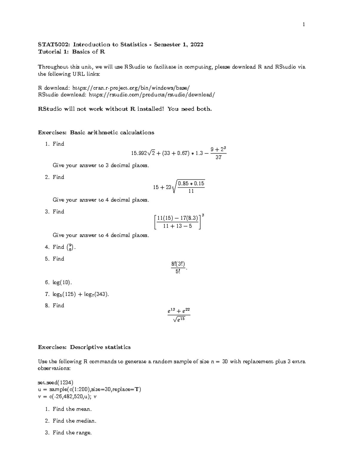 STAT5002: Tutorial 1 - Fundamentals of R for Statistics - Studocu