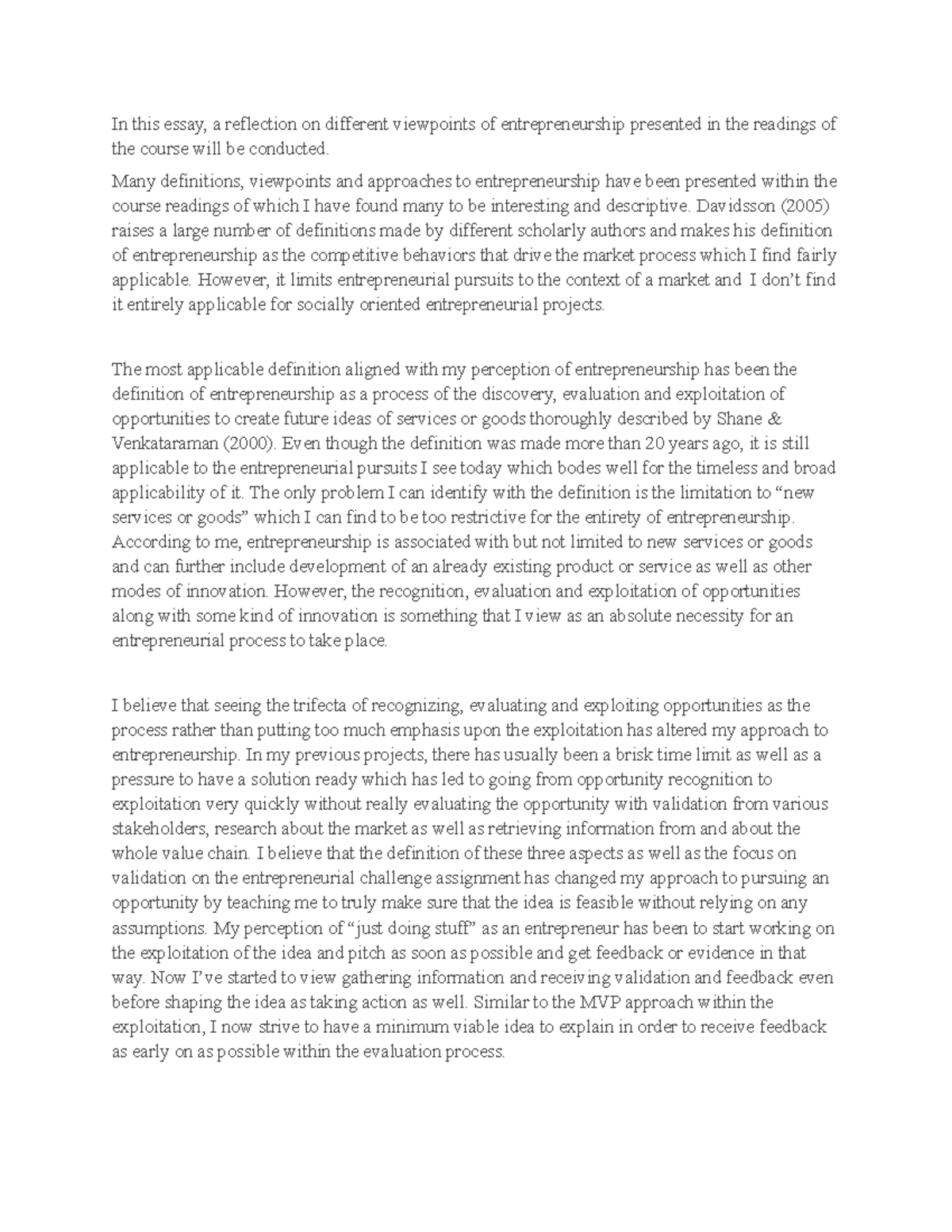 Reflection Report on Entrepreneurship (ENTN01) and Opportunity ...