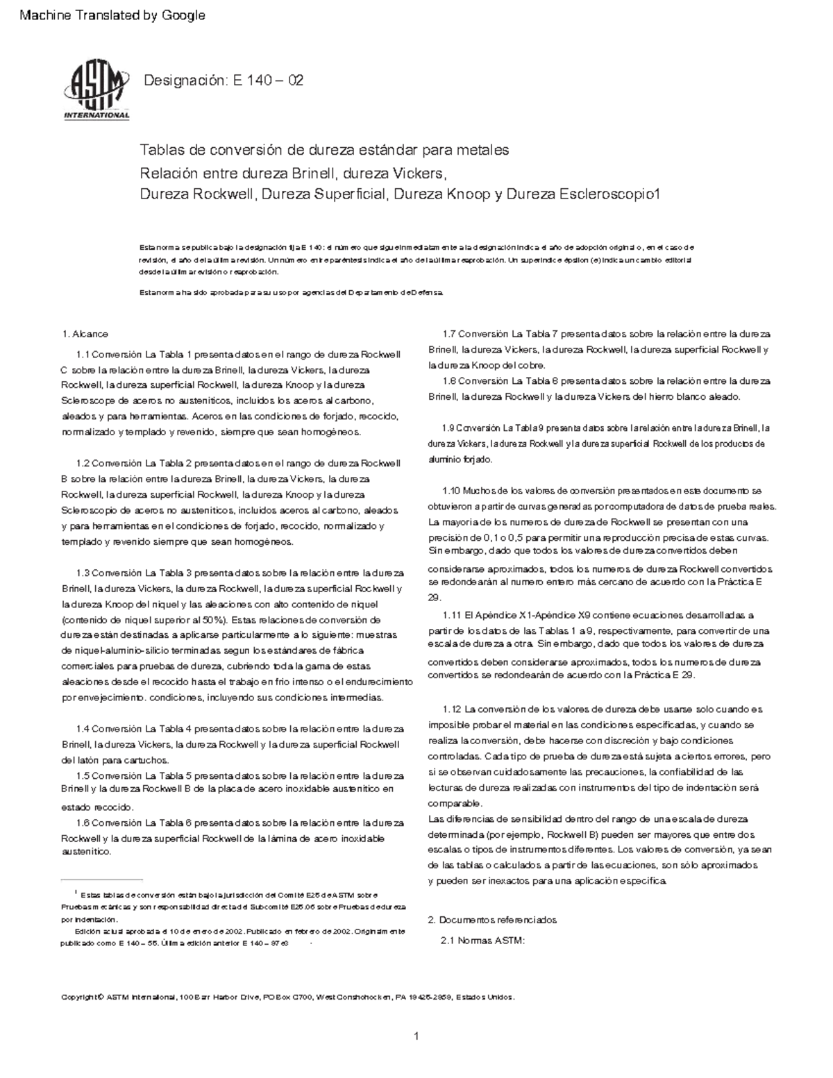 Norma ASTM E 140: Relación y Conversión de Durezas Metálicas - Studocu