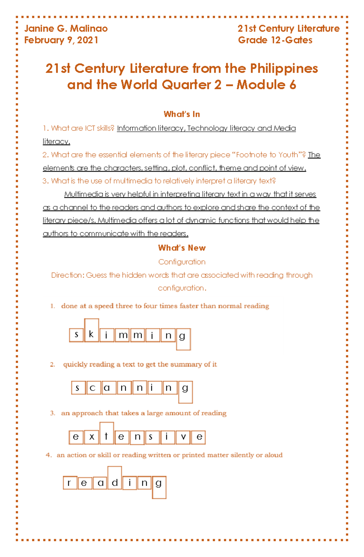 21st Century Literature Q2 Module 6: Analysis & Critical Thinking - Studocu