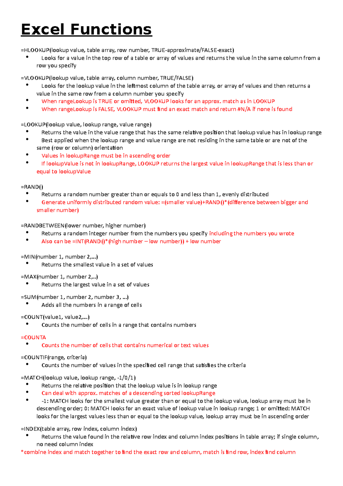 Excel Functions - Comprehensive Function List for Analysis Tasks - Studocu