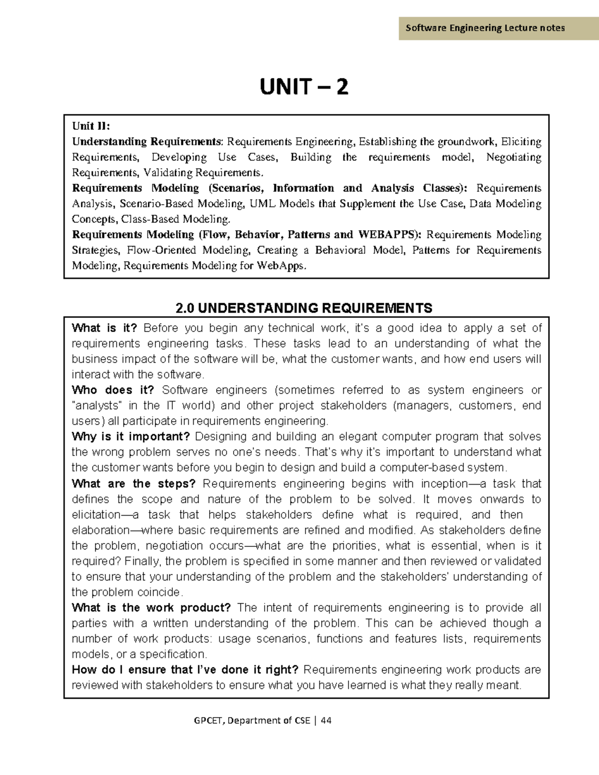 SE Lecture Notes - Unit 2: Understanding Requirements Engineering - Studocu