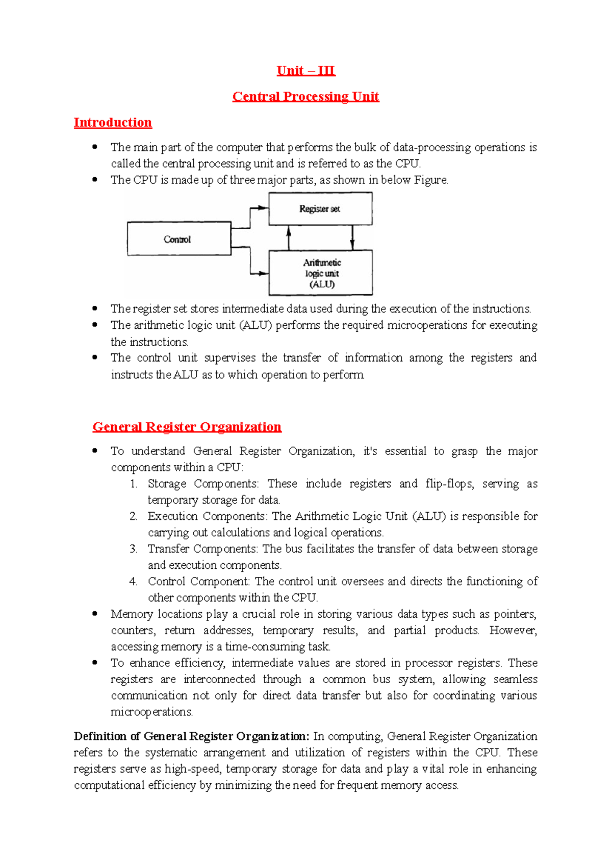 COA Unit-III Comprehensive Notes on CPU Organization and Functions ...