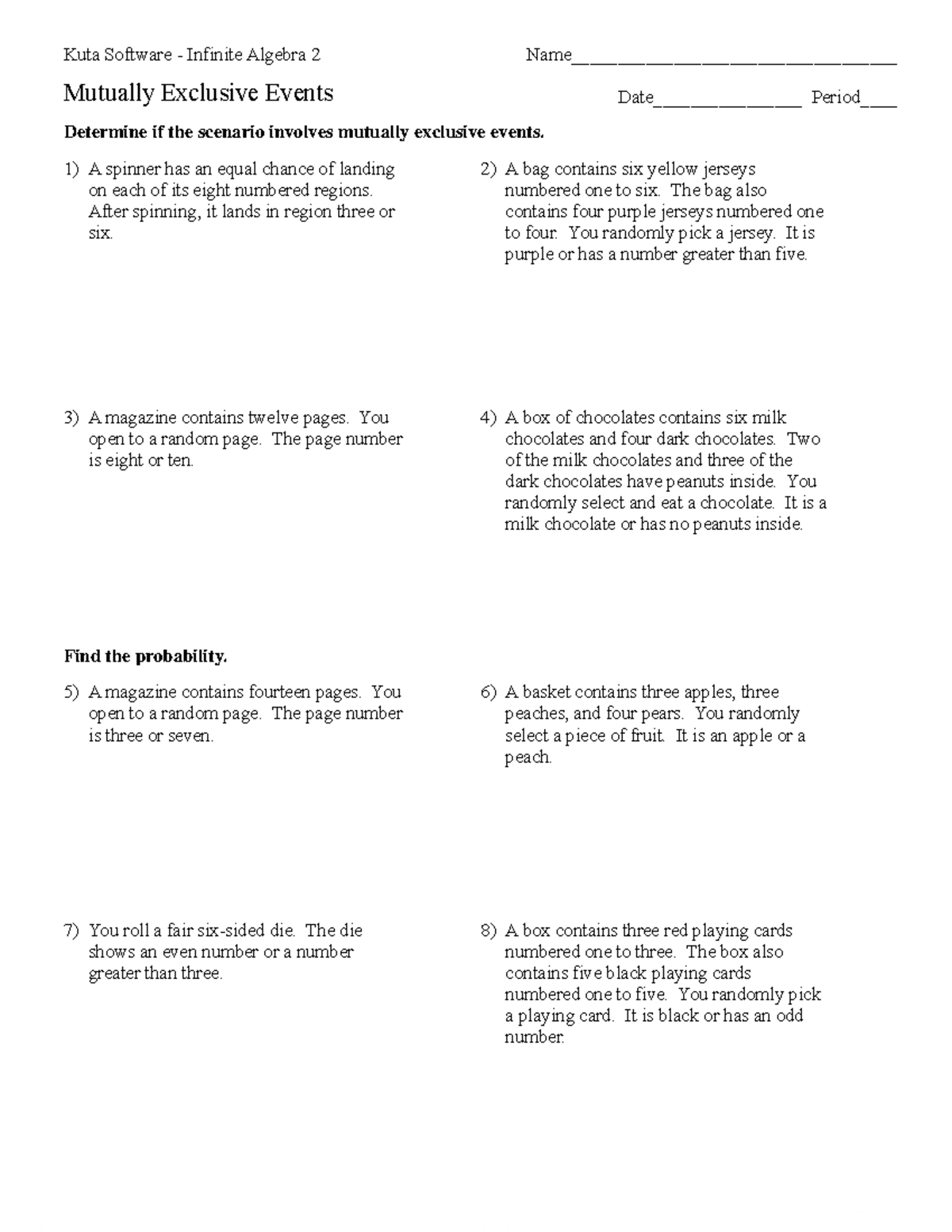 Kuta Software Infinite Algebra 2 Worksheet on Mutually Exclusive Events ...