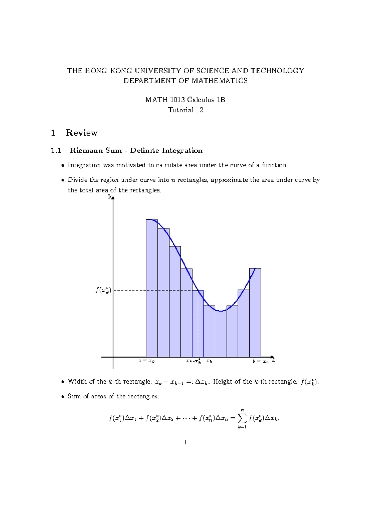 MATH 1013 - Tutorial 12 Notes on Riemann Sums & Integrals - Studocu