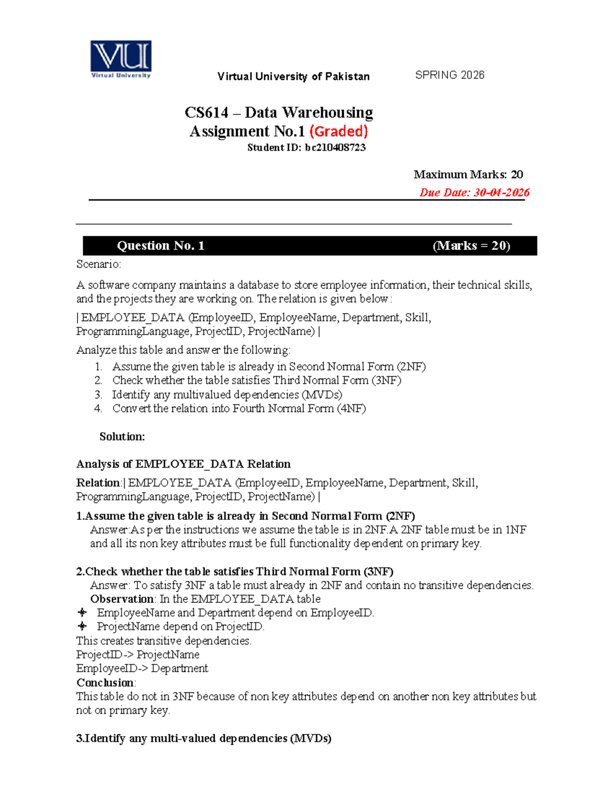 CS614 Spring 2026 Data Warehousing Assignment 1 Analysis and Solutions ...
