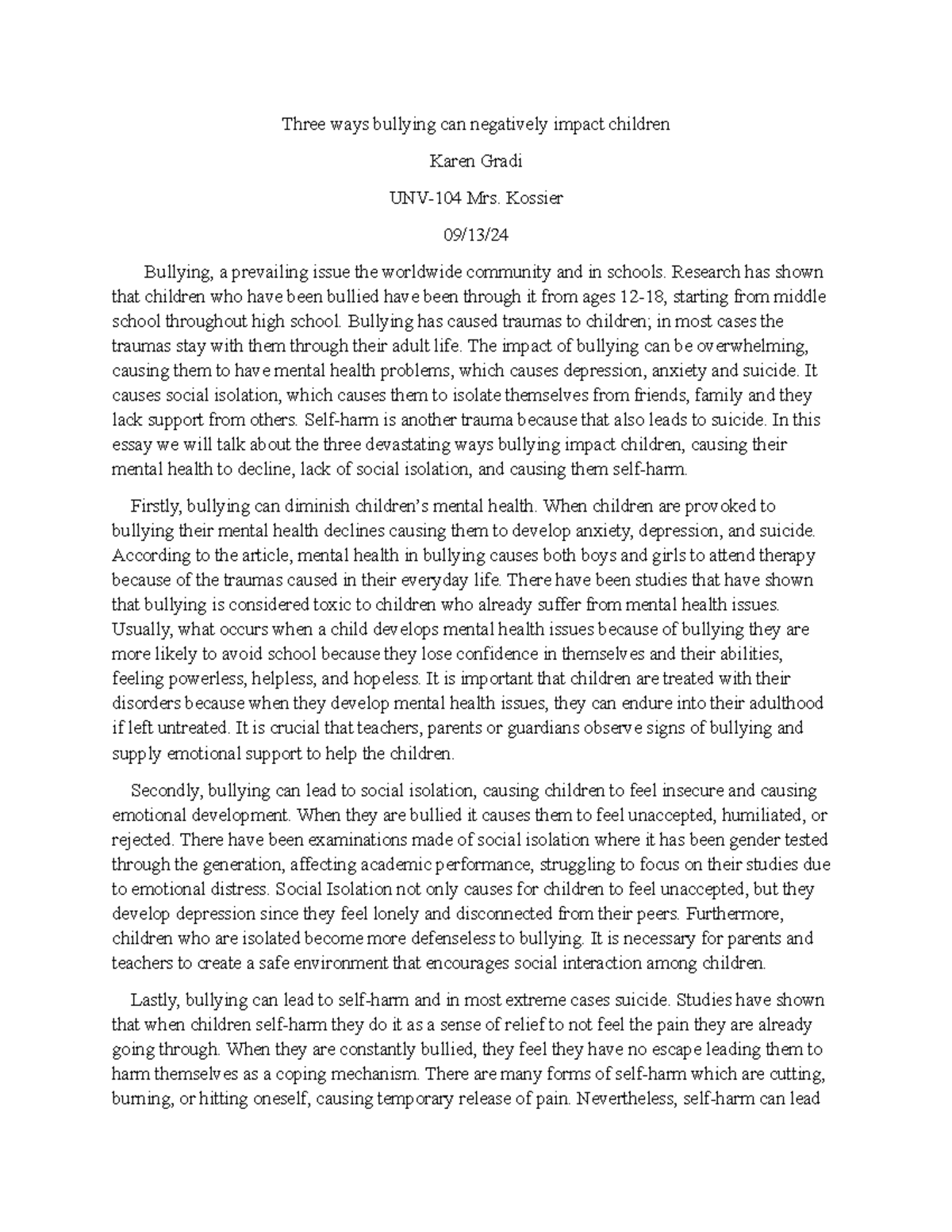 UNV-104 Final Draft Expository Essay on Bullying's Impact on Children ...