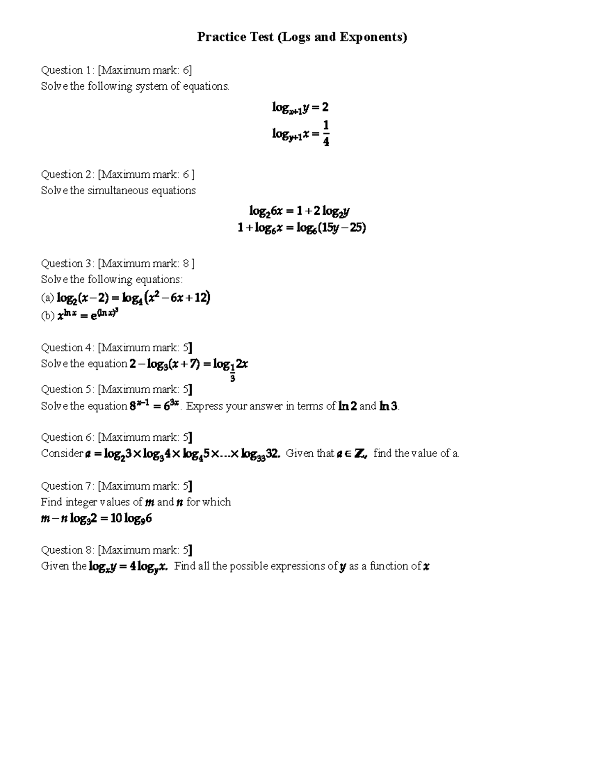 Logs Practice Test - Practice Test (Logs and Exponents)Practice Test ...