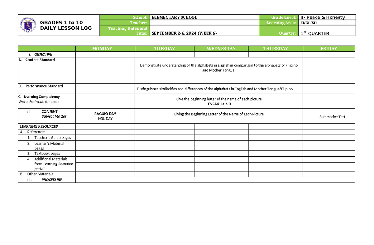 DLL English 2 Q1 W6 - Beginning Letters for Picture Names - Studocu