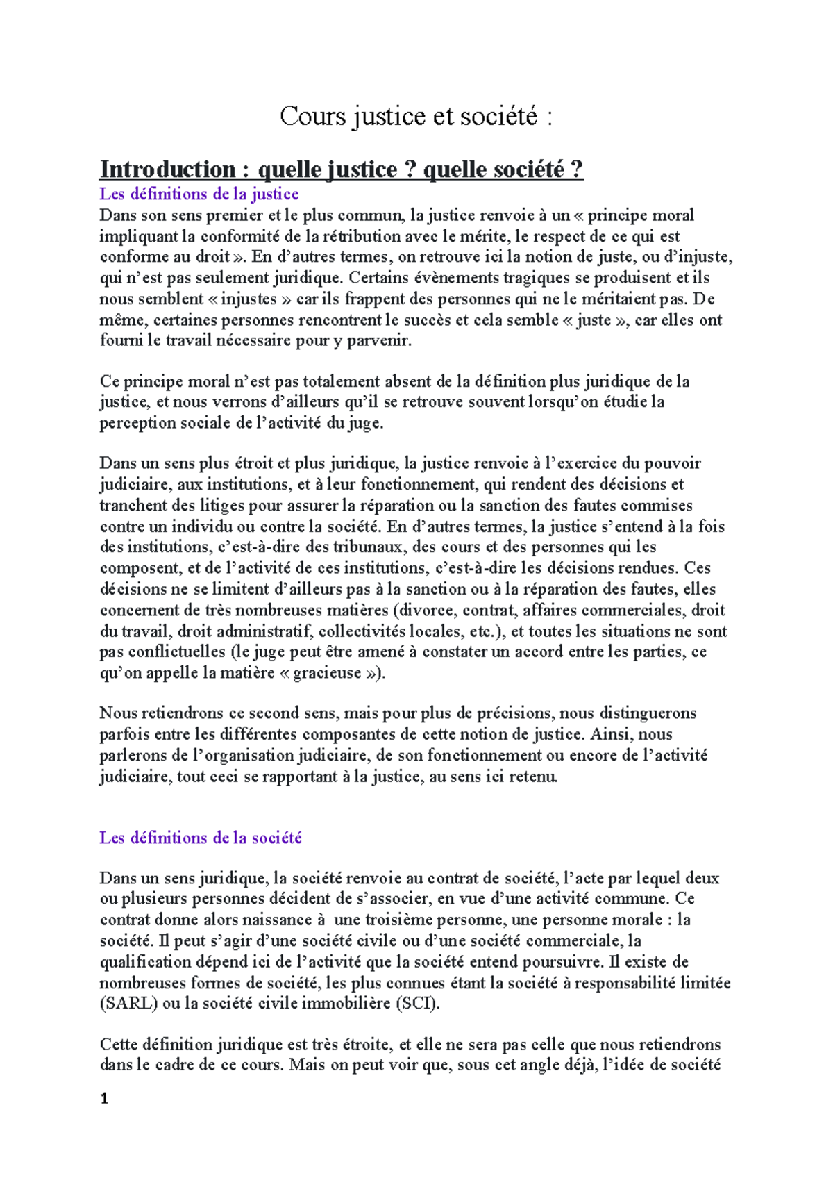Cours de Justice et Société : Introduction à la Justice et à la Société ...