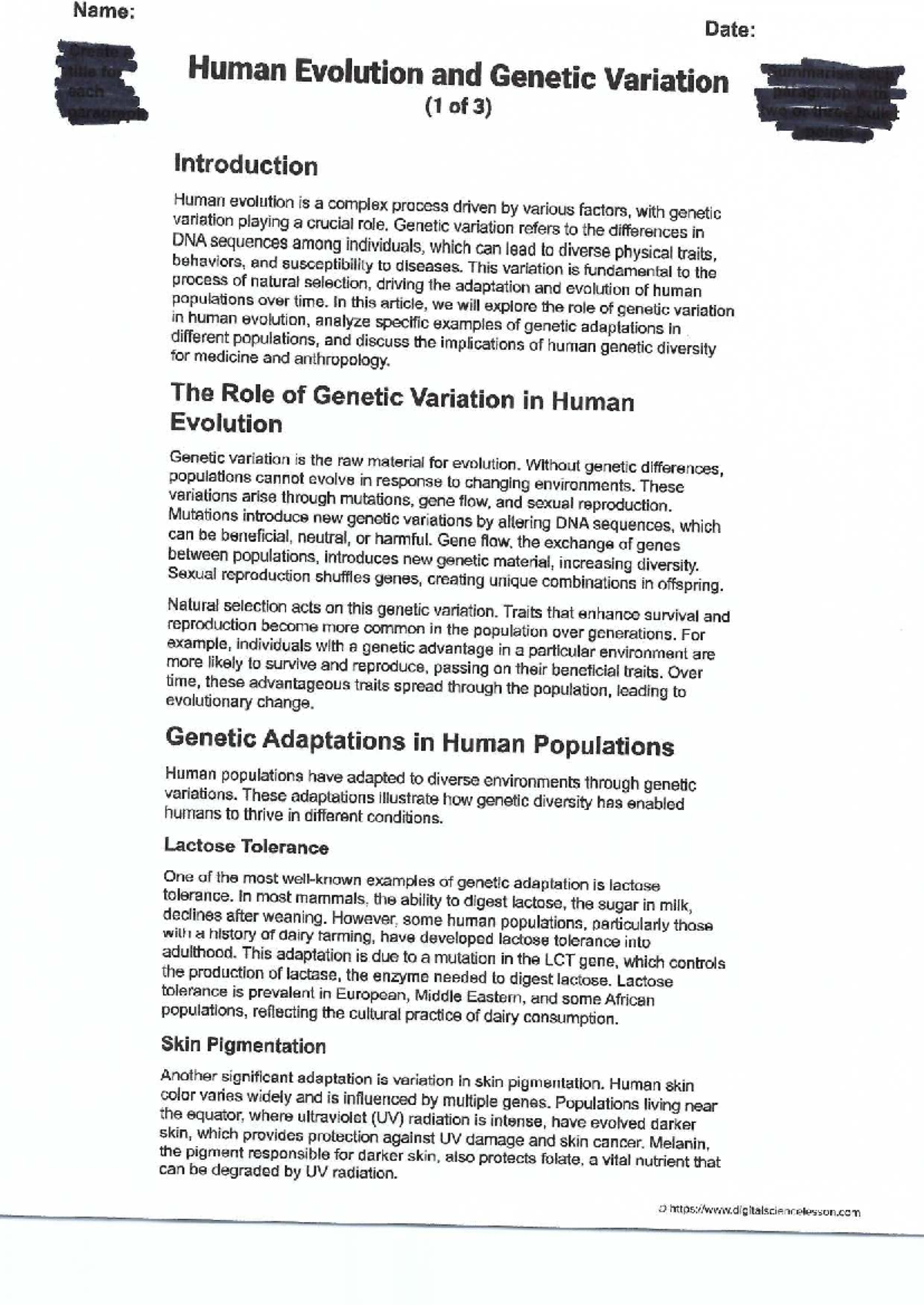 Final Exam Review Notes on Human Evolution & Genetic Variation (ABC123 ...