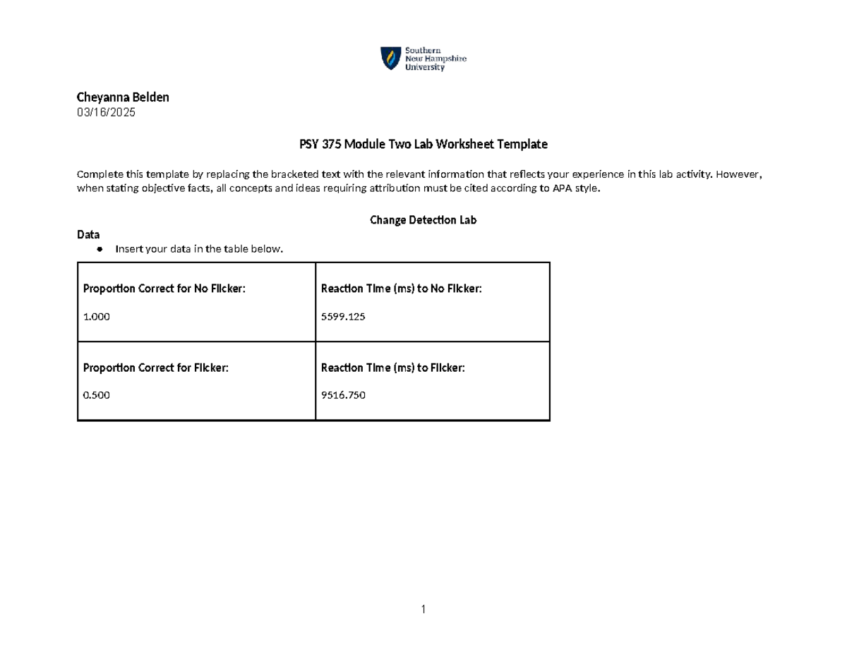 PSY 375 Module 2 Lab Worksheet: Change Detection & Stroop Effects - Studocu