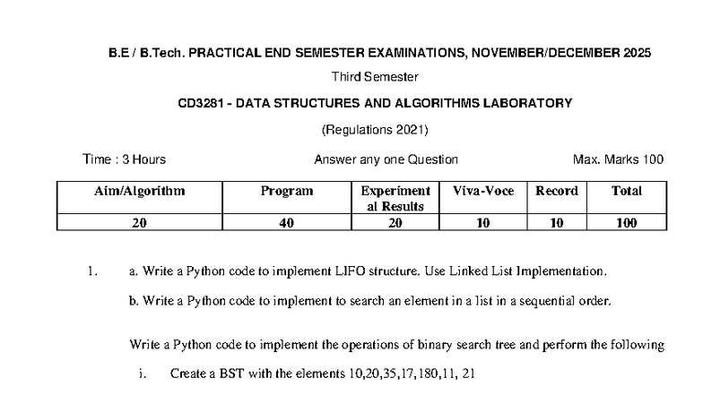 CD3281 DATA STRUCTURES & ALGORITHMS LAB MANUAL - END SEM EXAM 2025 - Studocu