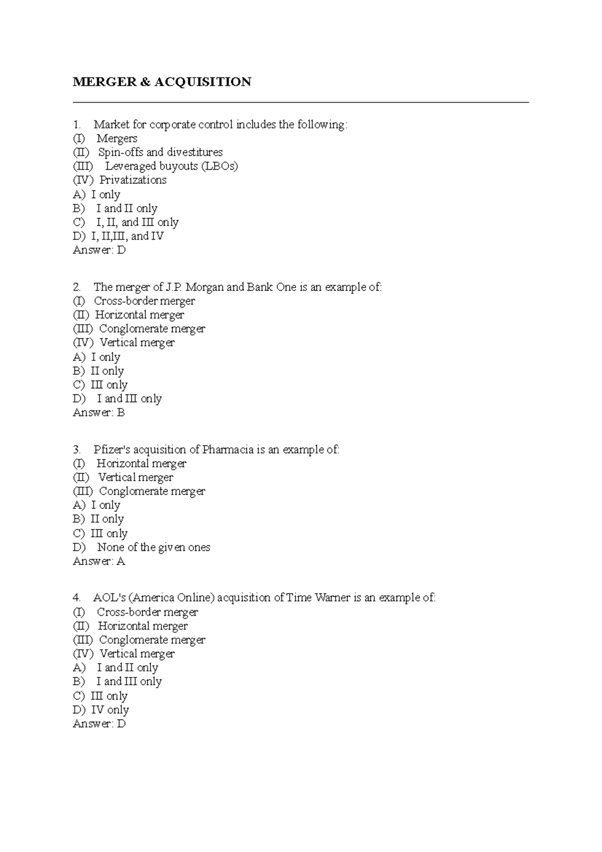 Merger and aquisition - mcq - MERGER & ACQUISITION - Studocu