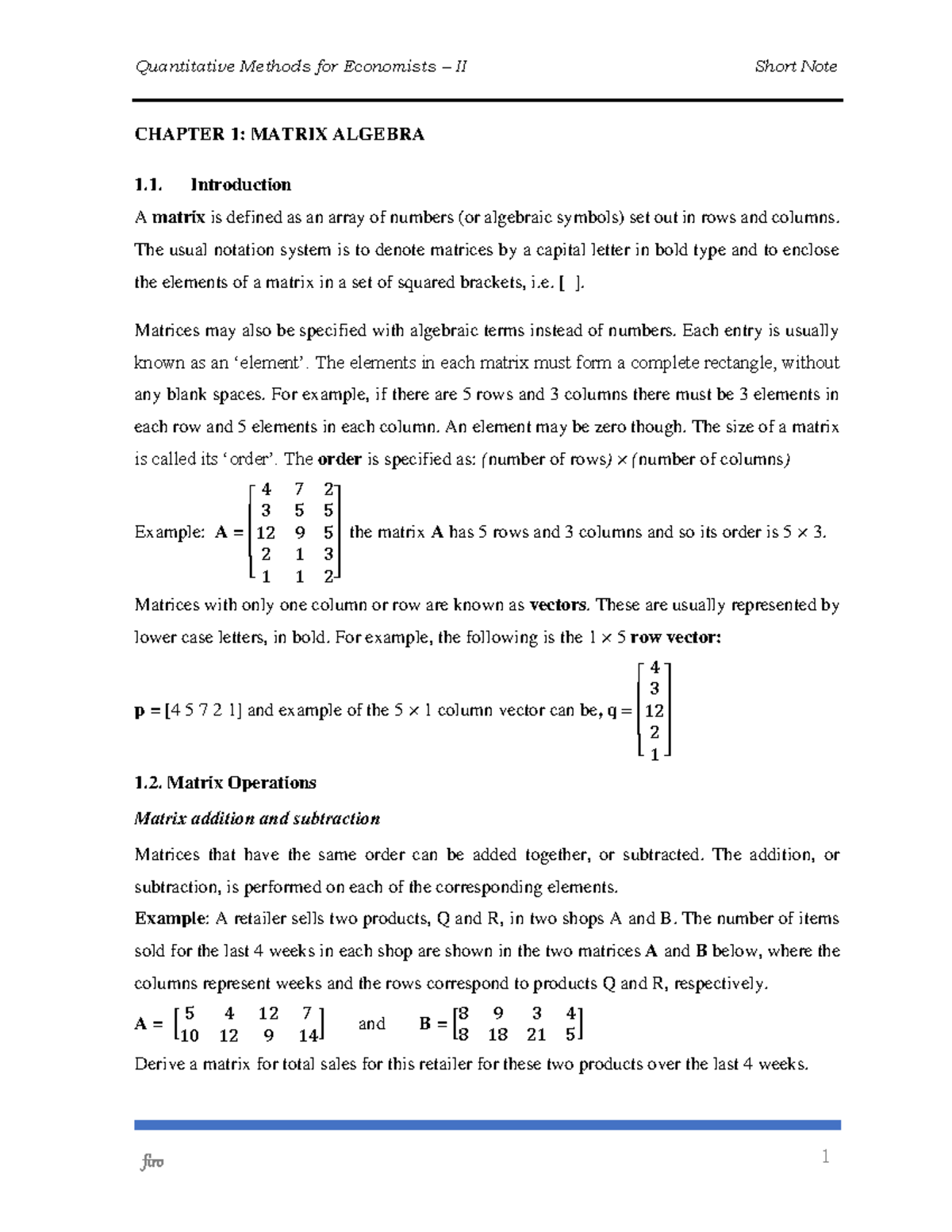 ME - Chapter 1: Introduction to Matrix Algebra and Operations - Studocu