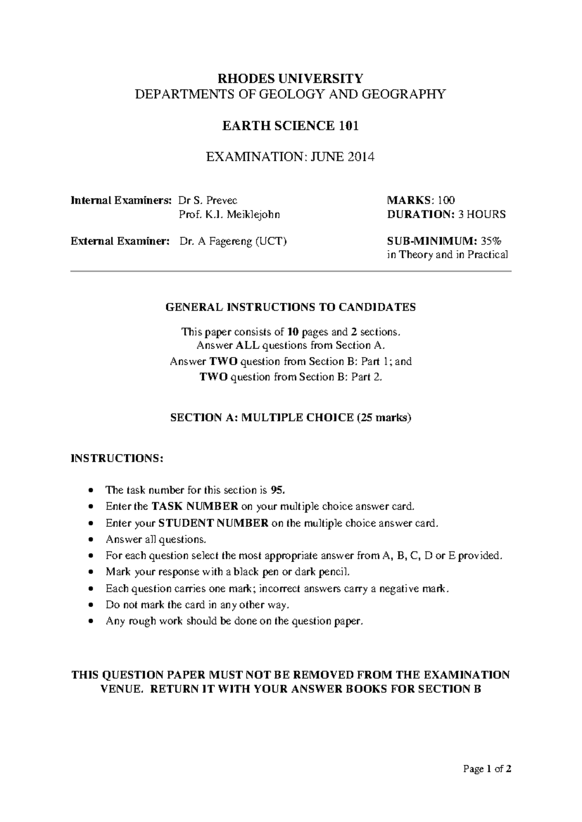 Earth Science 101 Exam Paper: June 2014 - Rhodes University - Studocu