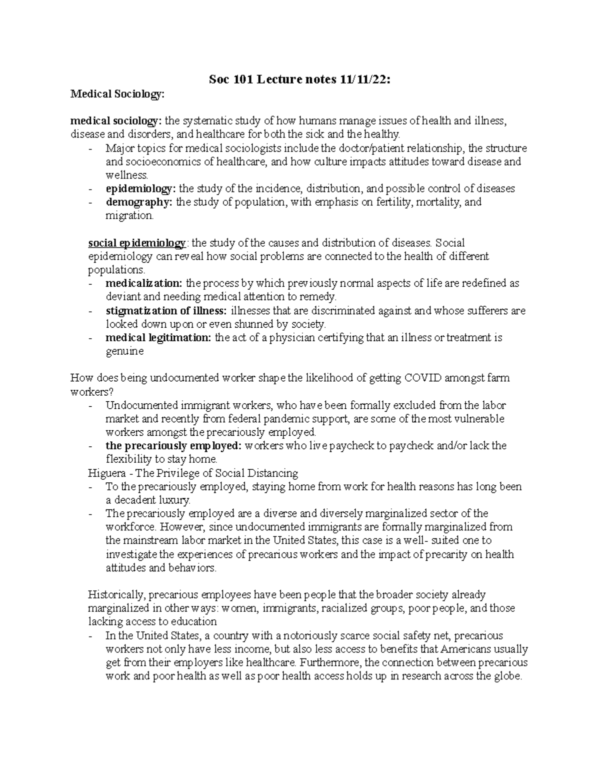 Soc lecture notes- medical sociology - Soc 101 Lecture notes 11/11/22 ...