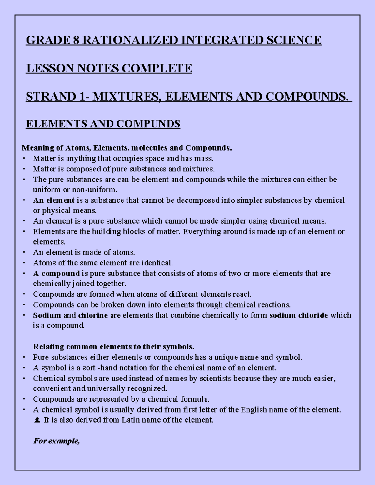 GRADE 8 INTEGRATED SCIENCE LESSON NOTES: MIXTURES, ELEMENTS & COMPOUNDS ...
