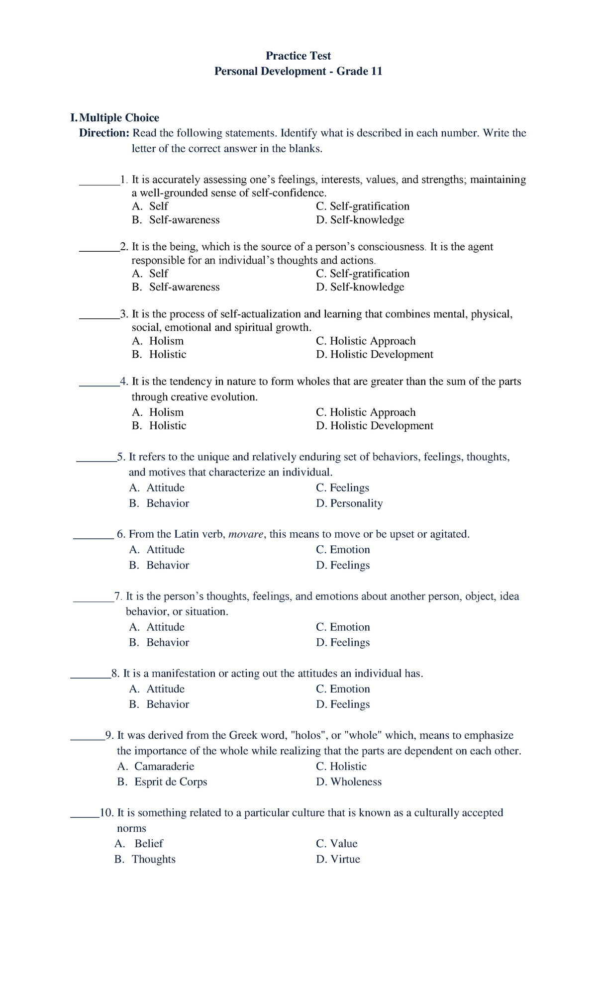 527006914 Grade 11 Personal Development Practice Test Guide - Studocu