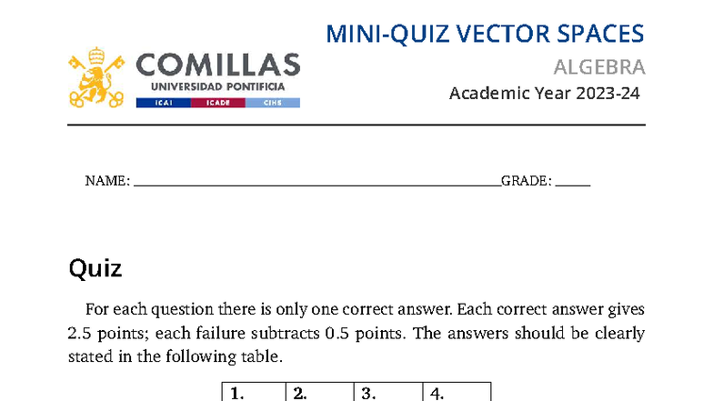 Mini Quiz on Vector Spaces (MATH 101) with Solutions - Studocu