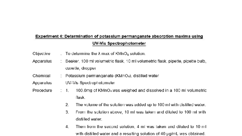 Experiment 4: KMnO4 Absorption Maxima Determination Using ...