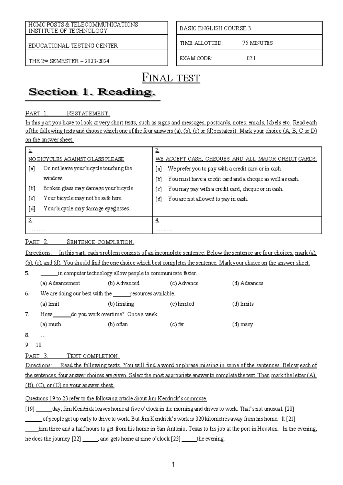 HCMC Telecommunications Institute Basic English Course 3 Final Test ...