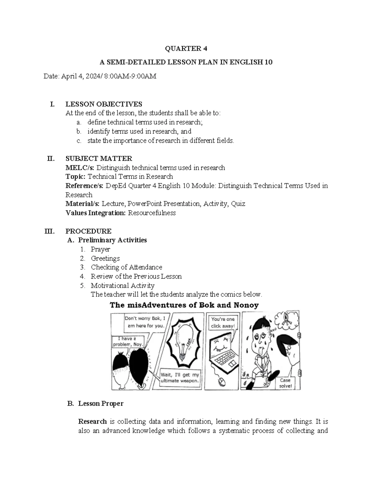 Q4 ENG10 Lesson Plan: Defining Technical Terms in Research - Studocu