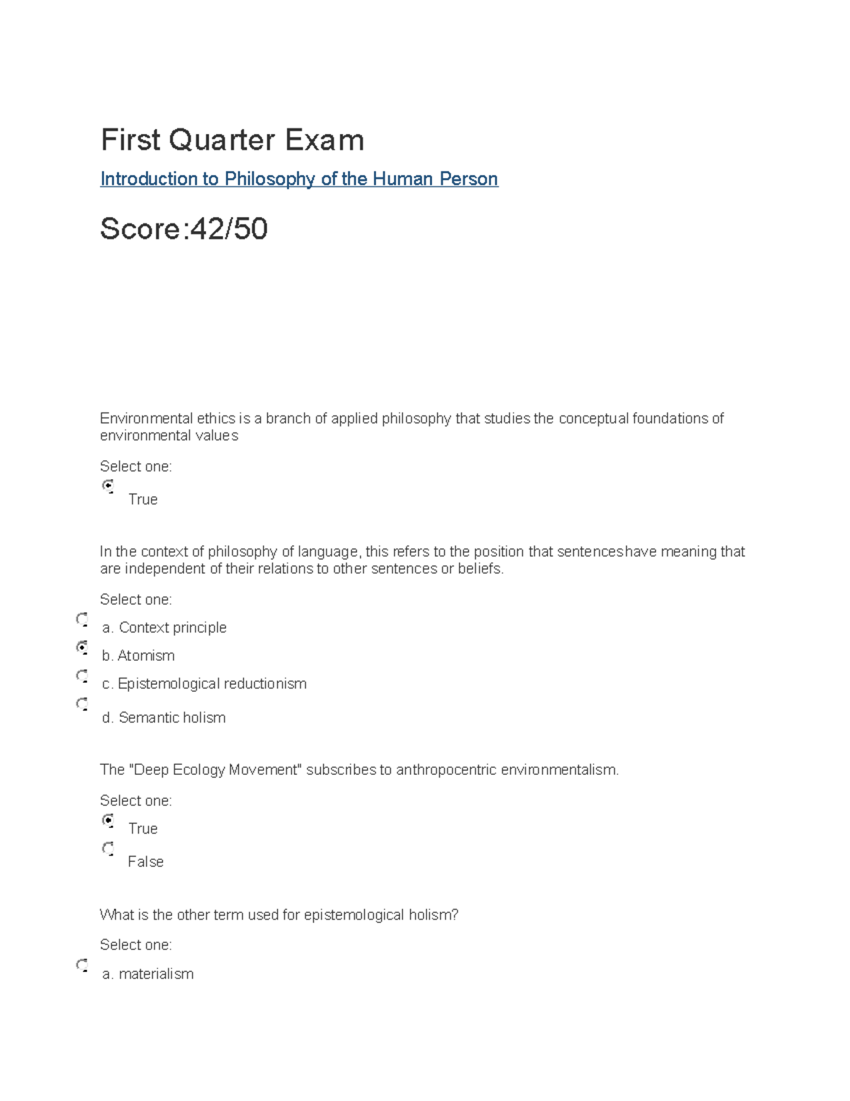 Grade 11 Philosophy First Quarter Exam Study Guide - Studocu