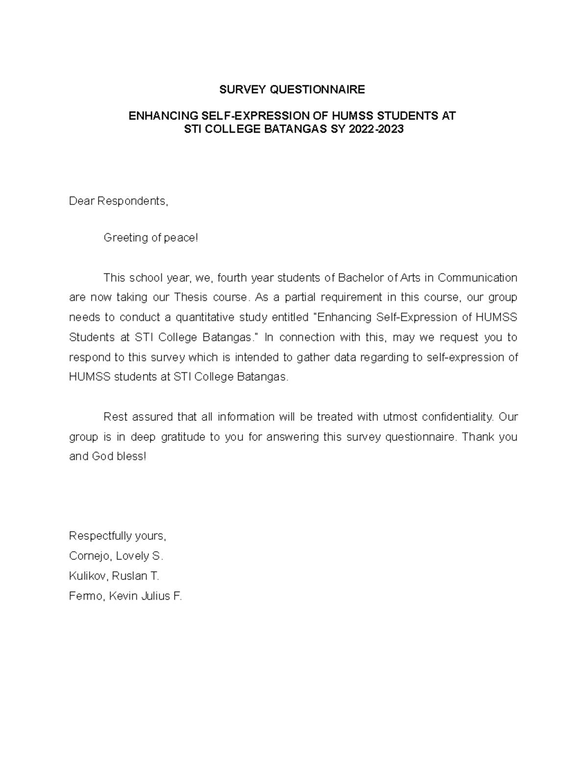 Questionnaire for Enhancing Self-Expression of HUMSS Students at STI ...