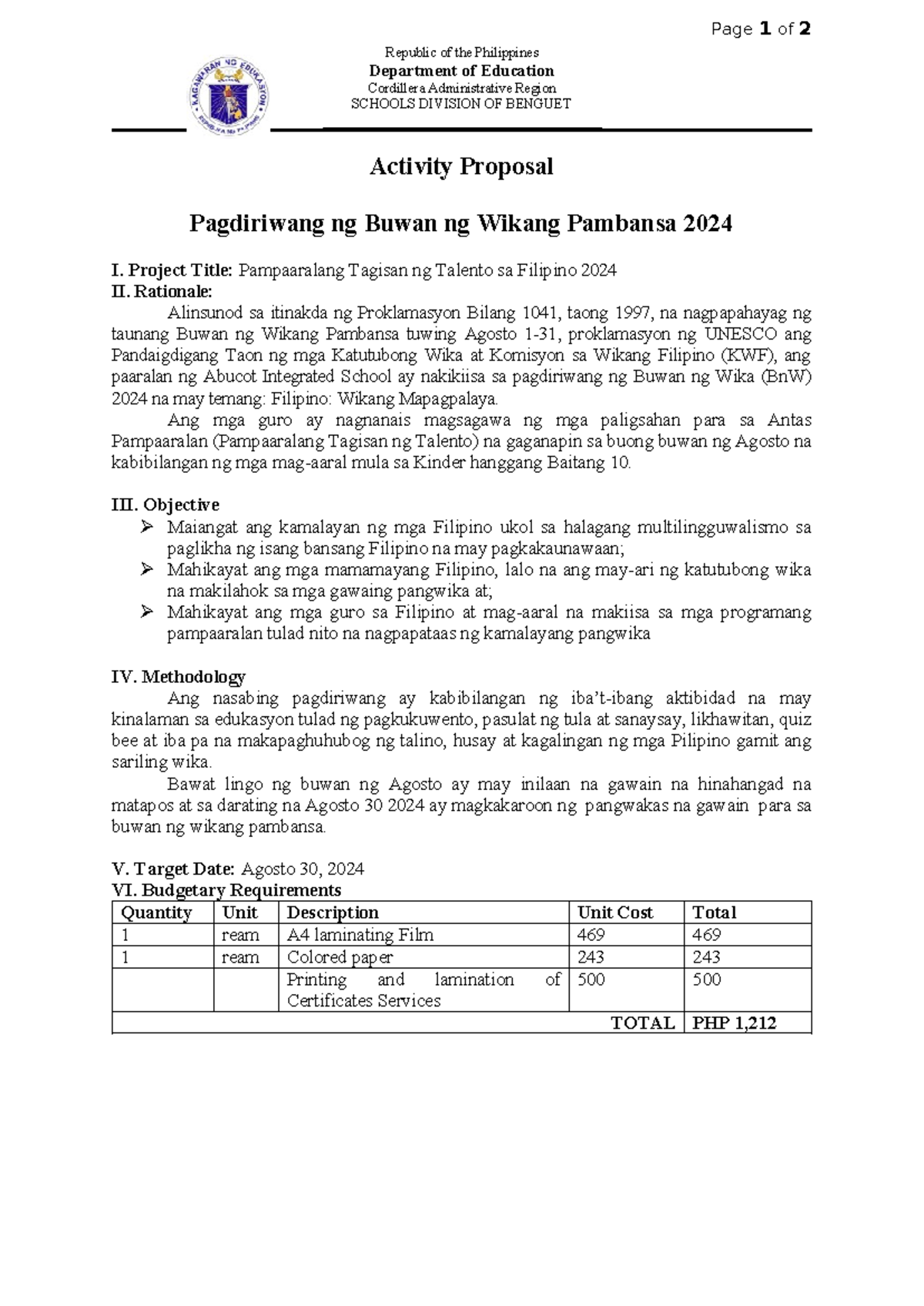 Activity Proposal for Buwan ng Wika 2024: Pampaaralang Tagisan ng ...