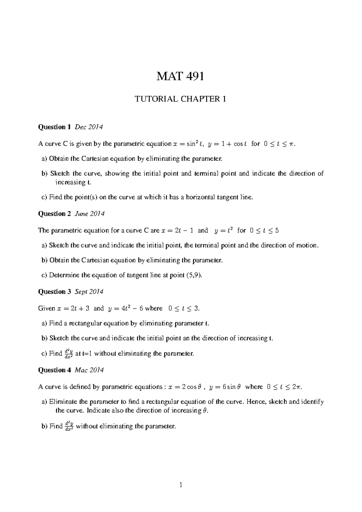 MAT 491 Tutorial Chapter 1: Parametric Curves and Analysis - Studocu