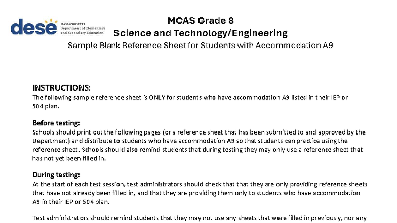 MCAS Grade 8 Science A9 Accommodation Reference Sheet - Studocu