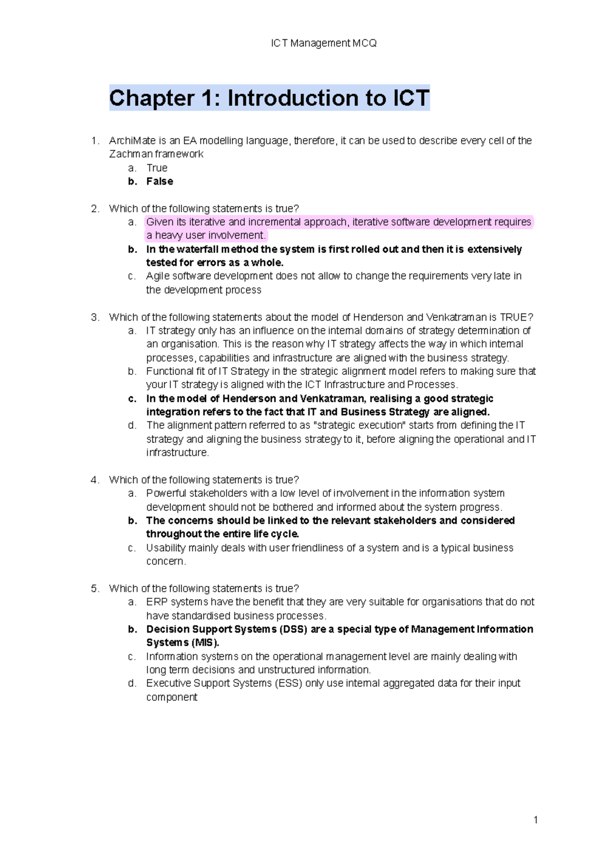 ICT Management MCQ Solutions: Chapter 1 Overview and Answers - Studocu