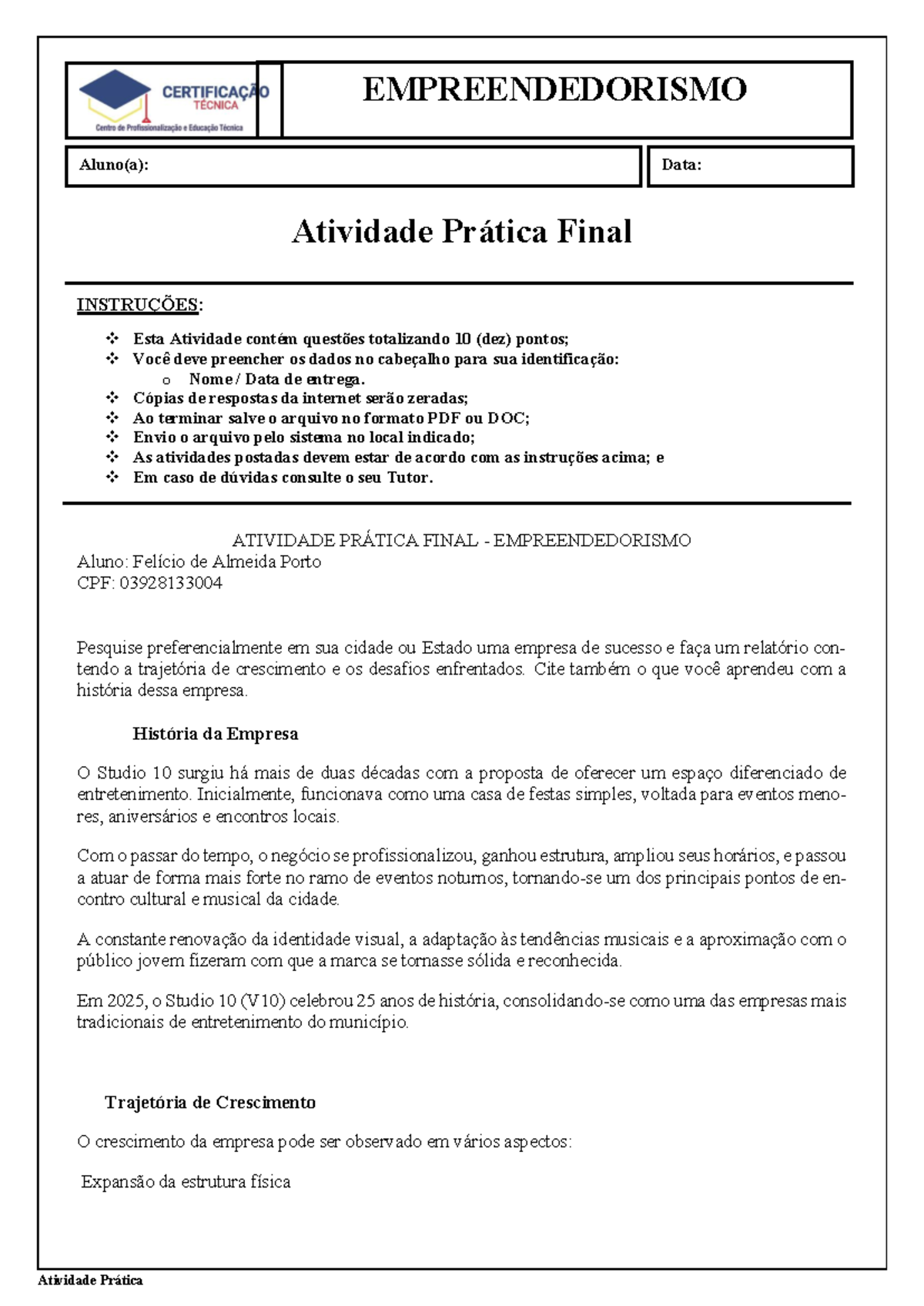 Atividade Prática Final: Estudo de Caso do Studio 10 - EMPREENDEDORISMO ...