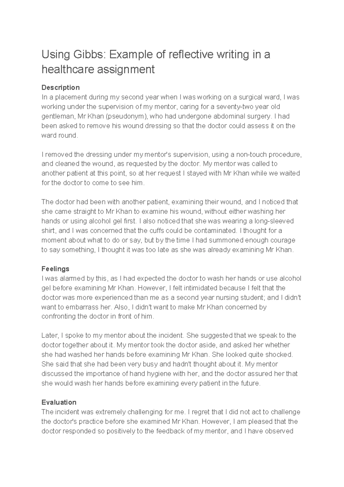 Using Gibbs Example of reflective writing in a healthcare assignment ...