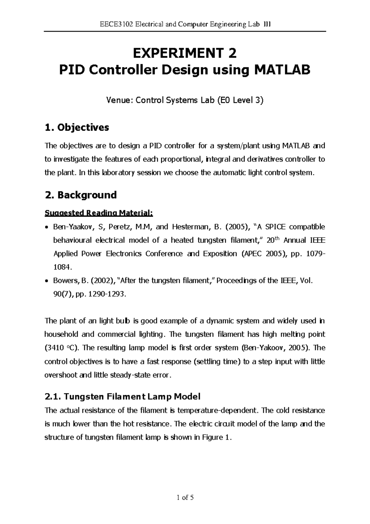 PID Controller Simulation Manual - Experiment 2 (ECE3201) - Studocu
