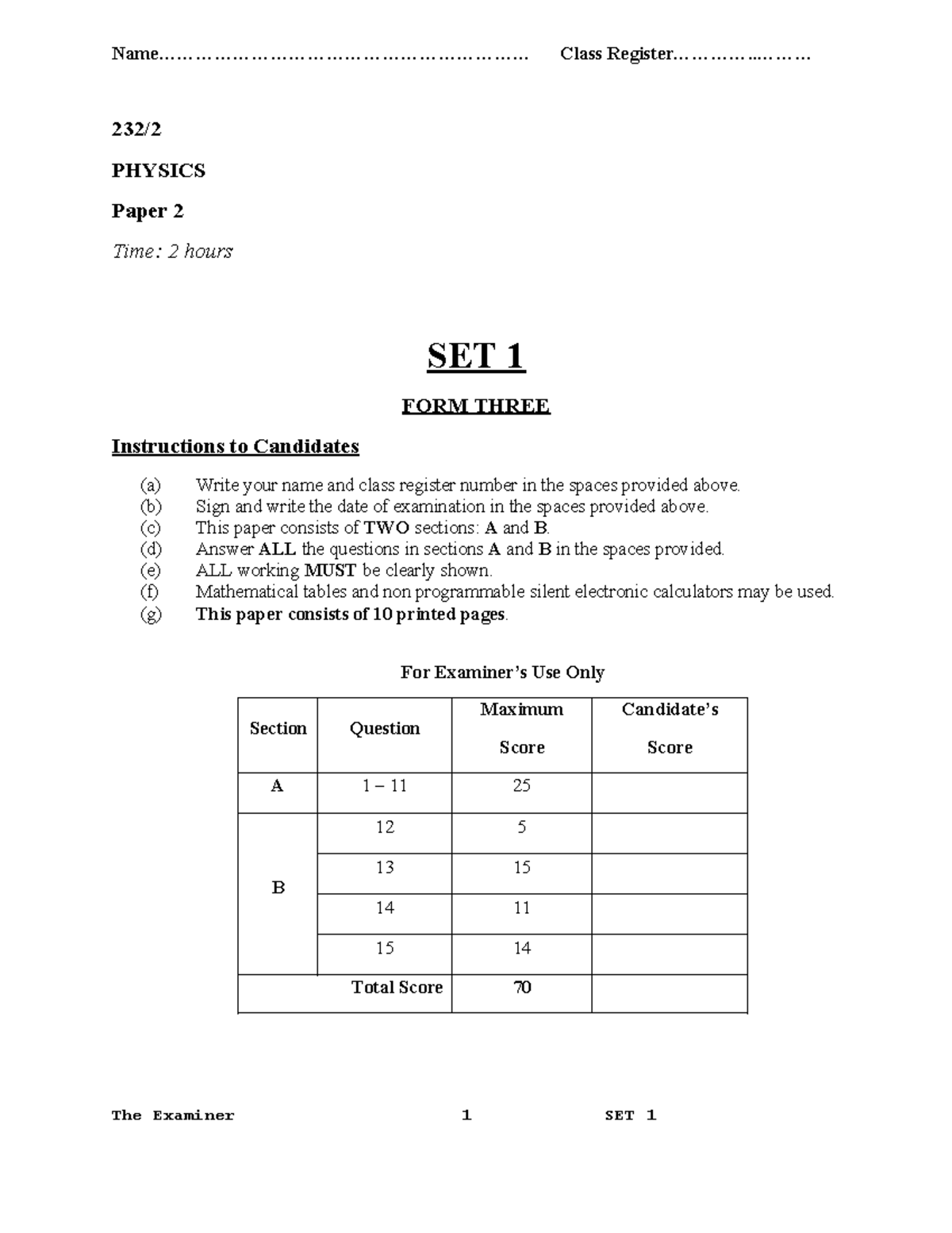 PHYSICS Paper 2 Practice Questions - SET 1 for Form Three - Studocu