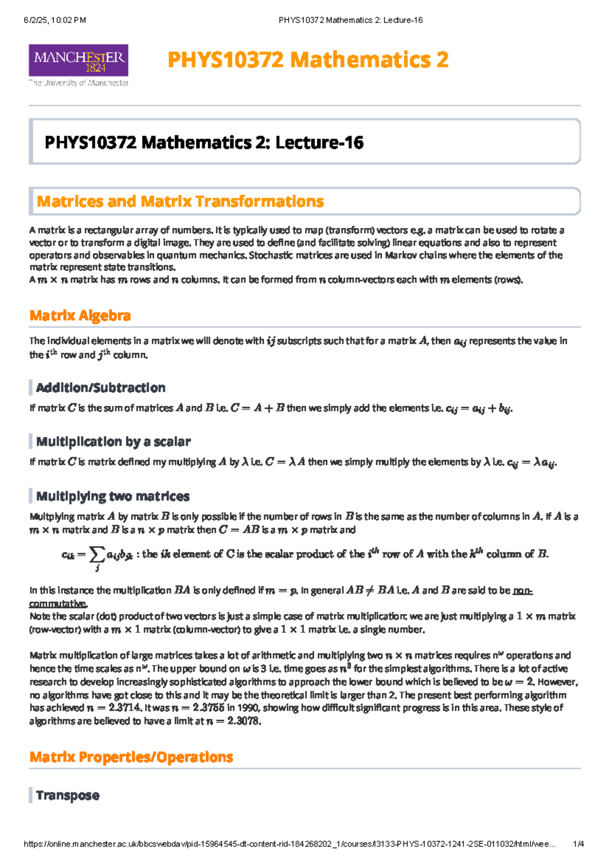 PHYS10372 Mathematics 2: Lecture 16 - Matrices & Transformations - Studocu