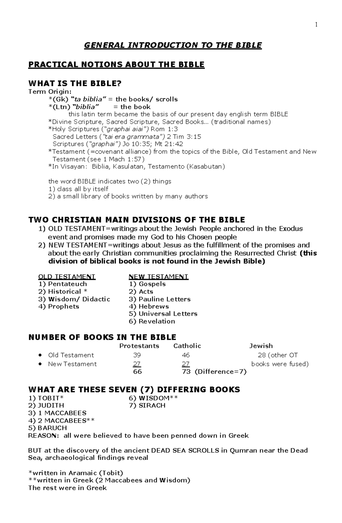General Intro. TO THE Bible (Notes for Theo 1) - GENERAL INTRODUCTION ...
