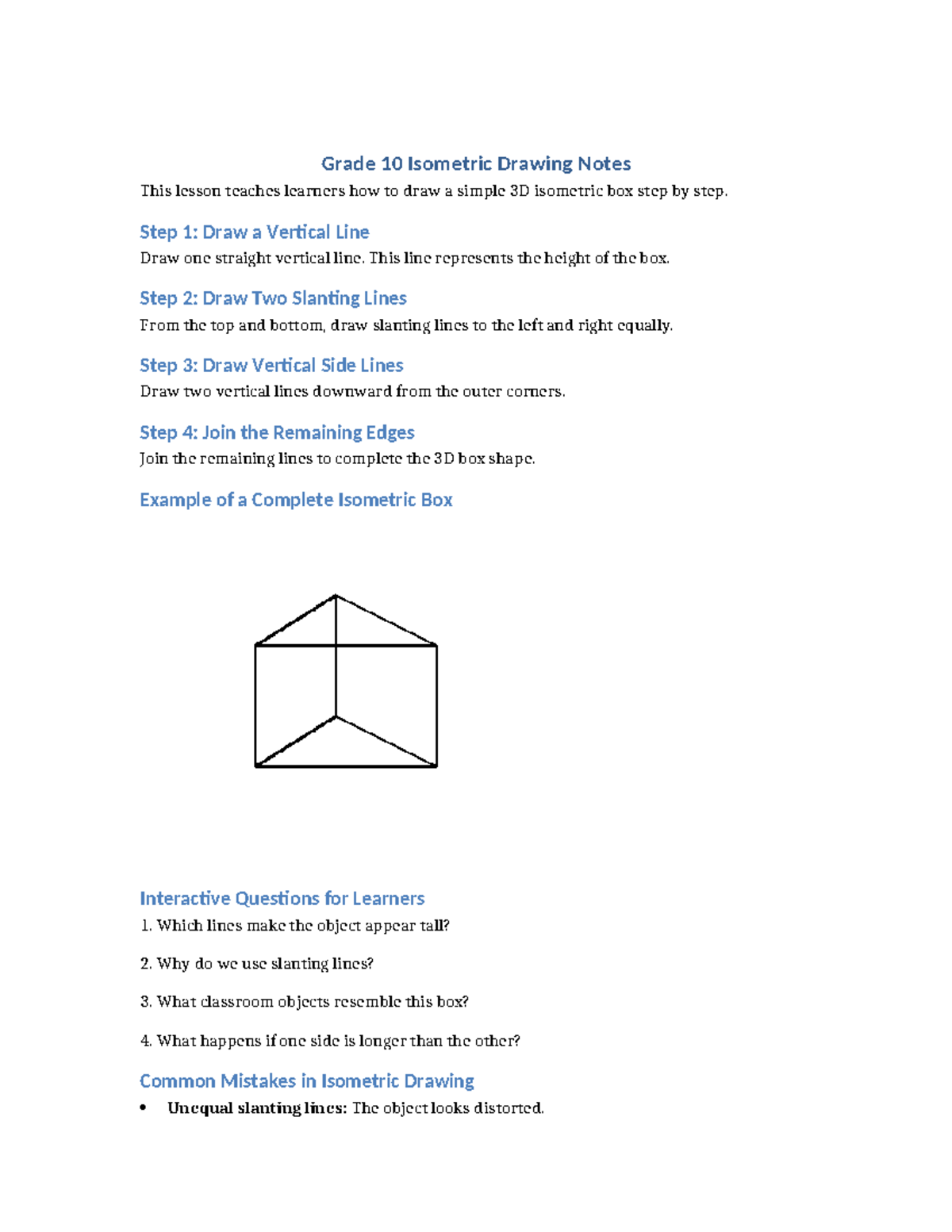 Grade 10 Isometric Drawing Notes: 3D Box Techniques - Studocu