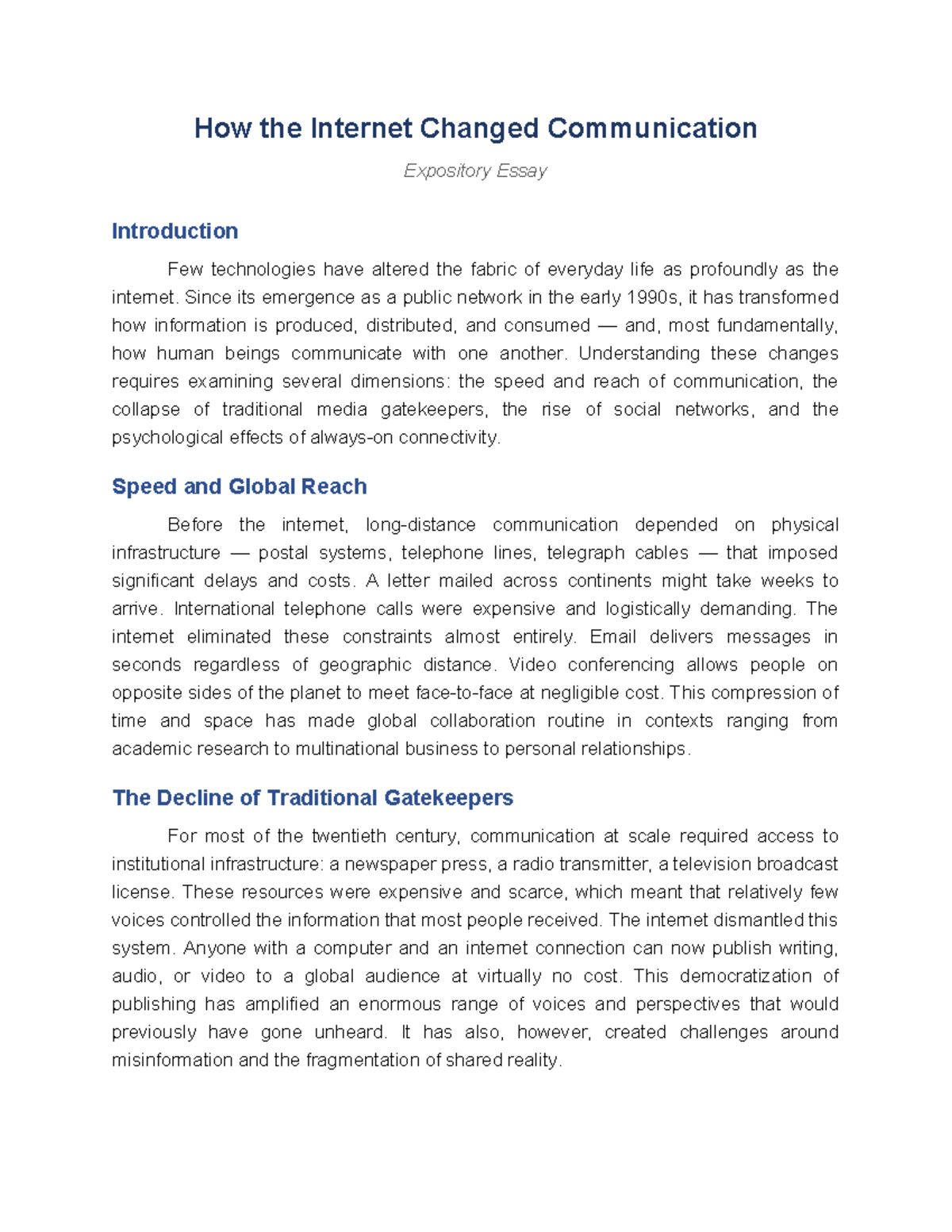 ENG 101 Expository Essay: The Transformation of Communication by the ...