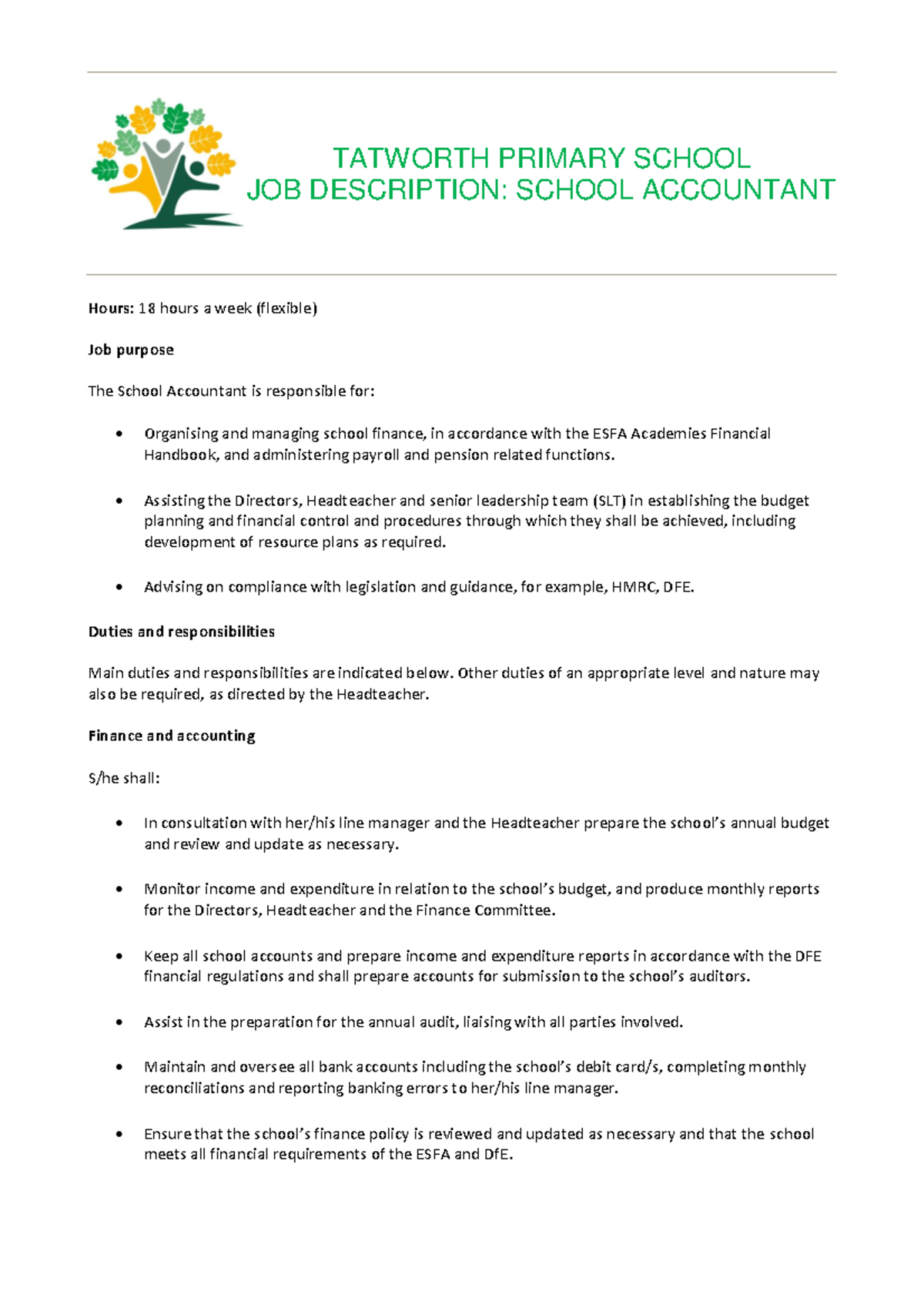 School Accountant Job Description - TATWORTH PRIMARY SCHOOL - Studocu