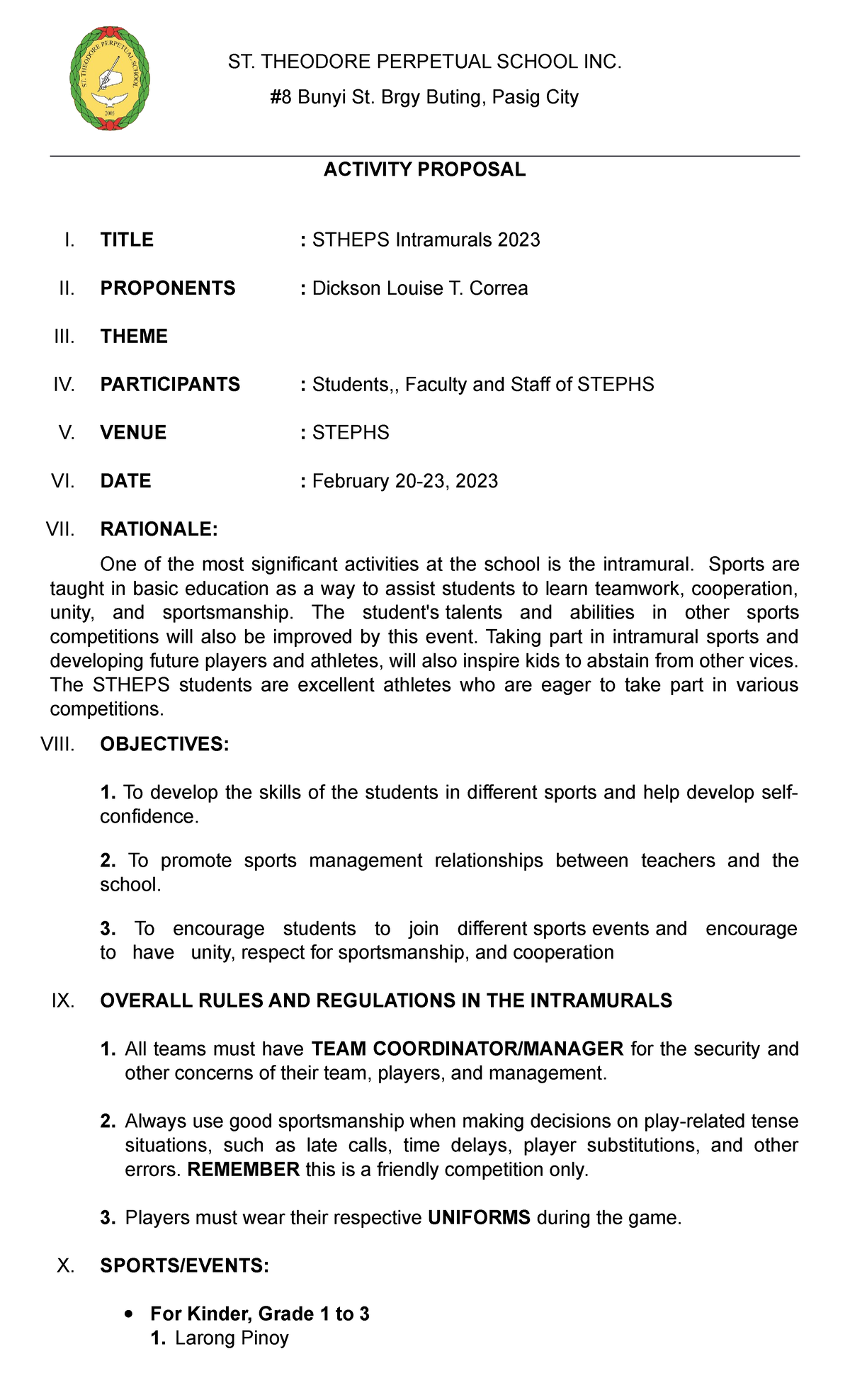 STHEPS Intramurals 2023 Activity Proposal Document - Studocu