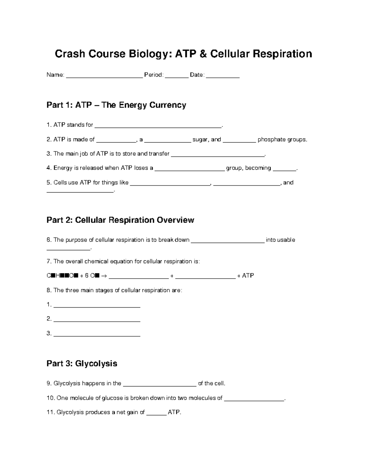 Crash Course Biology: ATP & Cellular Respiration Worksheet - Studocu